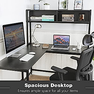 Becko US L Shaped Desk Computer Desk Corner Desk with Hutch Storage Shelves Modern Home Office Desk Writing Workstation for Home Office (Black)