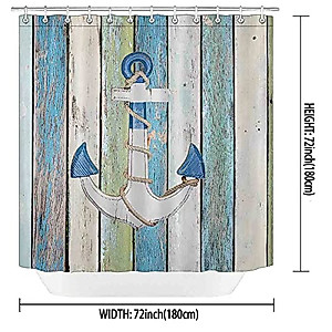 Dia Magico 4PCS Blue White Anchor Shower Curtain Set, Green Teal Wooden Barn Door Coastal Beach Ocean Rustic Nautical Bathroom Decor, Waterproof Fabric Shower Curtain, Non-Slip Bath Mat Toilet Rug