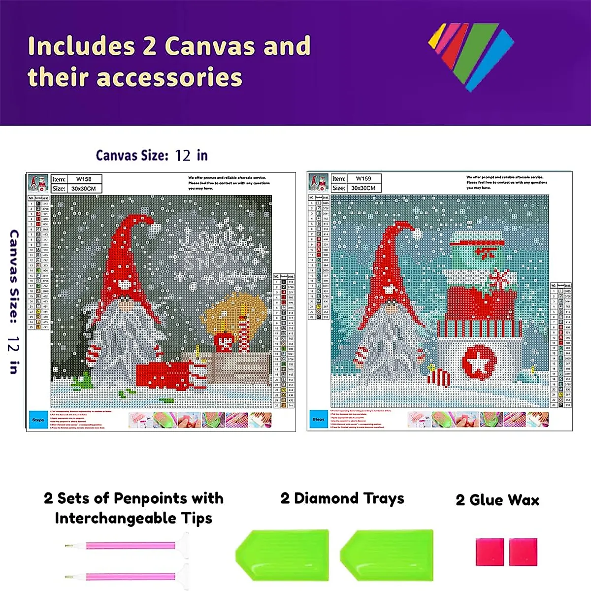 OFRKE 2-Piece Christmas Diamond Painting Kits for Adults,Gnomes Diamond Art Full Drill Round Gem Art 5D Diamond Dots Suitable Home Wall Decor 12"x12"