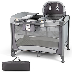 HONEY JOY Pack and Play with Bassinet, 4-in-1 Baby Playard with Changing Table & Removable Infant Full-Size Bassinet, Diaper Storage Basket & Music, Foldable Nursery Center w/Carry Bag (Gray)