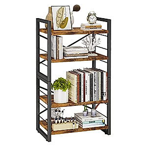 Homeiju Bookshelf, 4 Tier Stackable Bookcase, Adjustable Industrial Book Shelf Storage Organizer for Desktop, Living Room, Bedroom, Office(Rustic Black and Brown)