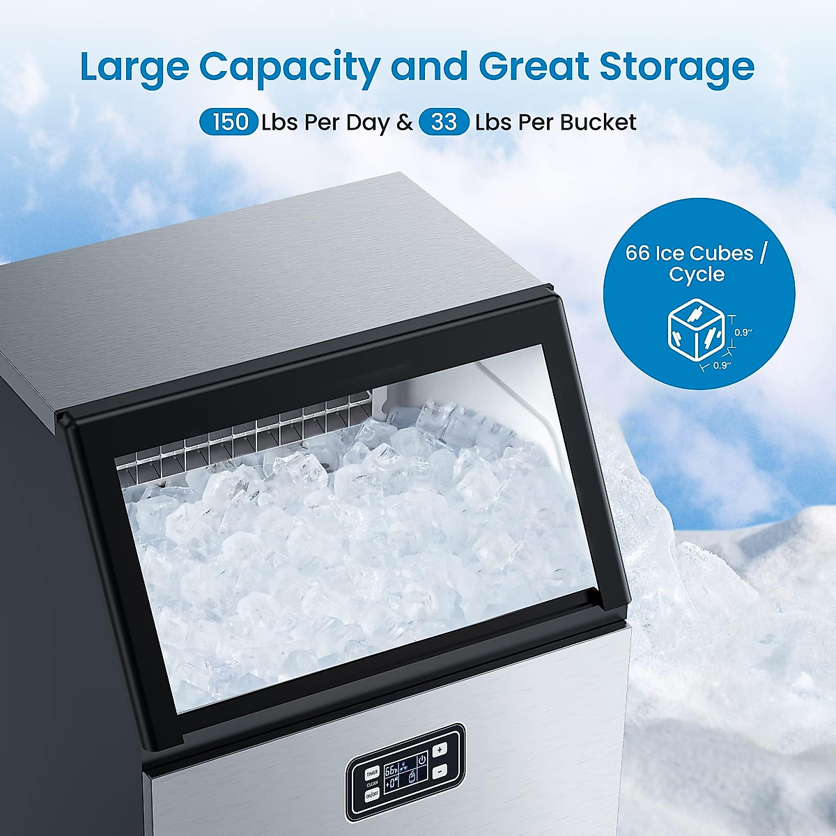 Zstar Commercial Ice Maker Machine, 160LBS/24H Under Counter Ice Maker with 33LBS Ice Storage & Ice Scoop, Self-Cleaning, Stainless Steel Freestanding Ice Machine for Commercial Restaurant, Home, Bars