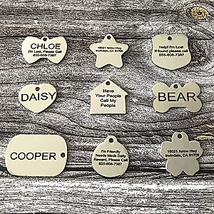 Stainless Steel Pet ID Tags - Engraved Personalized Dog Tags, Cat Tags Front & Back up to 8 Lines of Text – Bone, Round, Heart, Flower, Badge, House, Star, Rectangle, Bow Tie