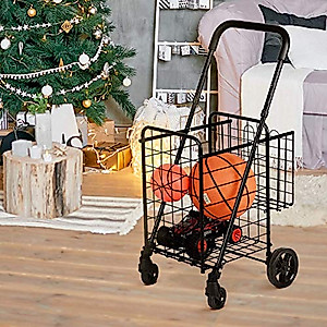 Goplus Folding Shopping Utility Cart, Double Basket and 360° Swivel Wheels, Adjustable Handle, Small Cart Perfect for Grocery Laundry Book Luggage Travel