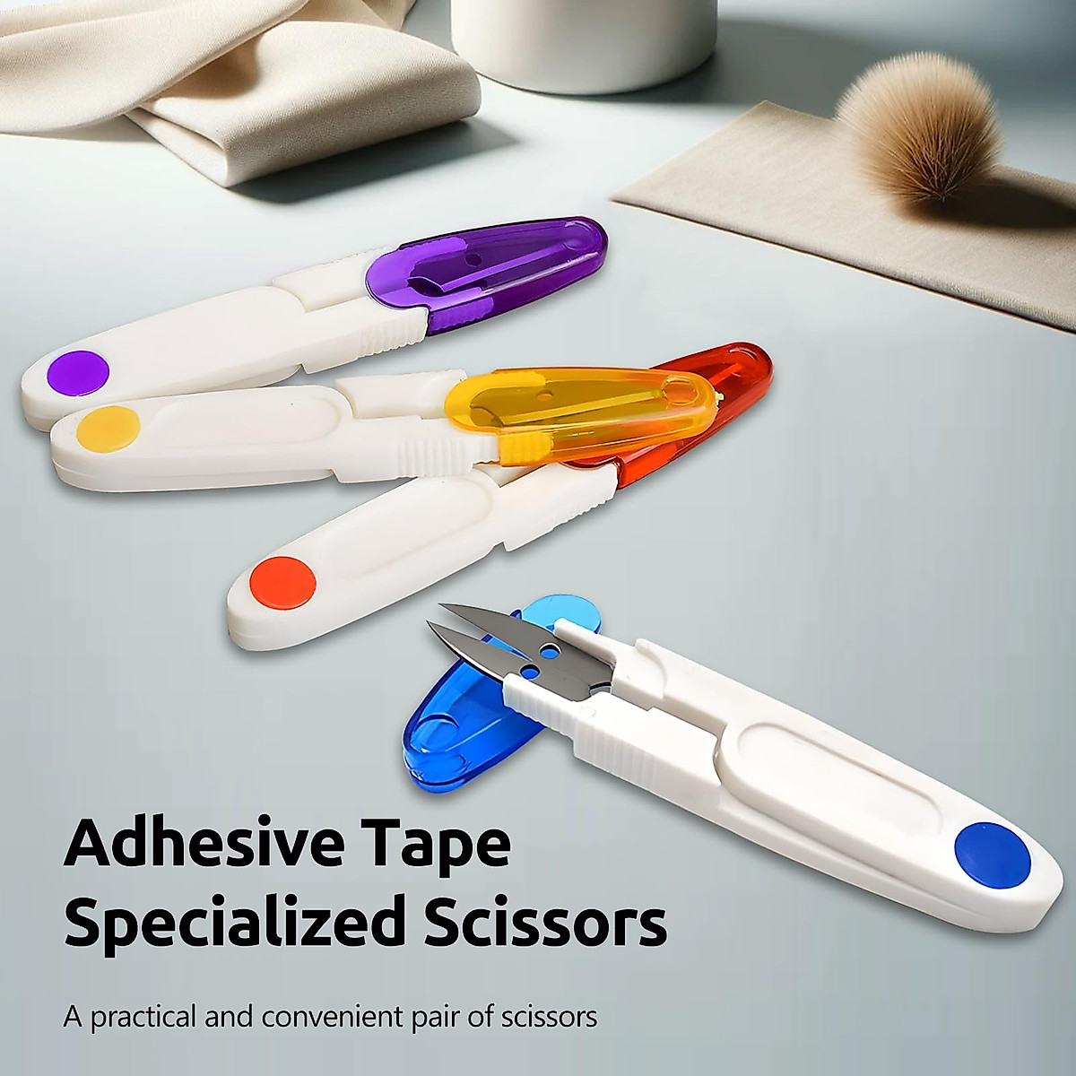 4PCS Compact 4 Inch U Shaped Portable Scissors with Protective Safety Cover for Yarn, Cross-Stitch, Thread, Sewing - Ideal for Craft, DIY, Stitch Trimming Snips.