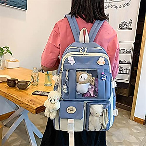 Kawaii Backpack 5Pcs School Backpack Aesthetic School Bag with BadgePlush Pendan Shoulder BagPencil BoxTote BagSmall Bag（blue rice）