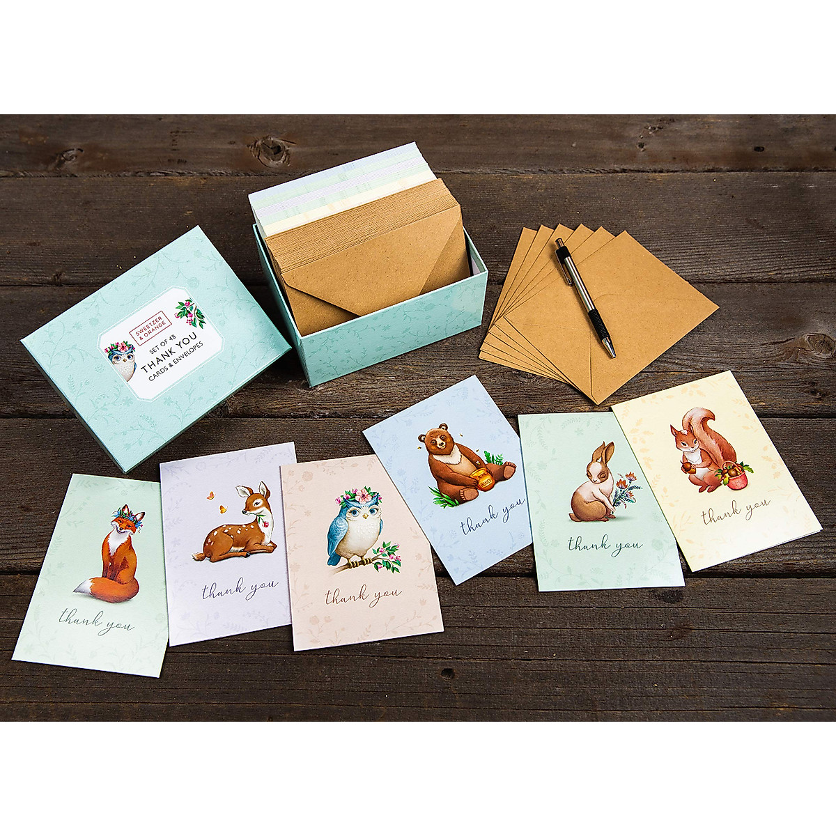 Sweetzer & Orange Woodland Animal Thank You Cards Bulk Box Set of 48 Blank Cards with Envelopes - Baby Shower Note Cards, Wedding Thank You Cards or Bridal Shower Thank you Card