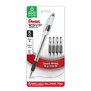 Pentel R.S.V.P. Ballpoint Pen, Medium Line, Black Ink, 5 Pack (BK91BP5A)