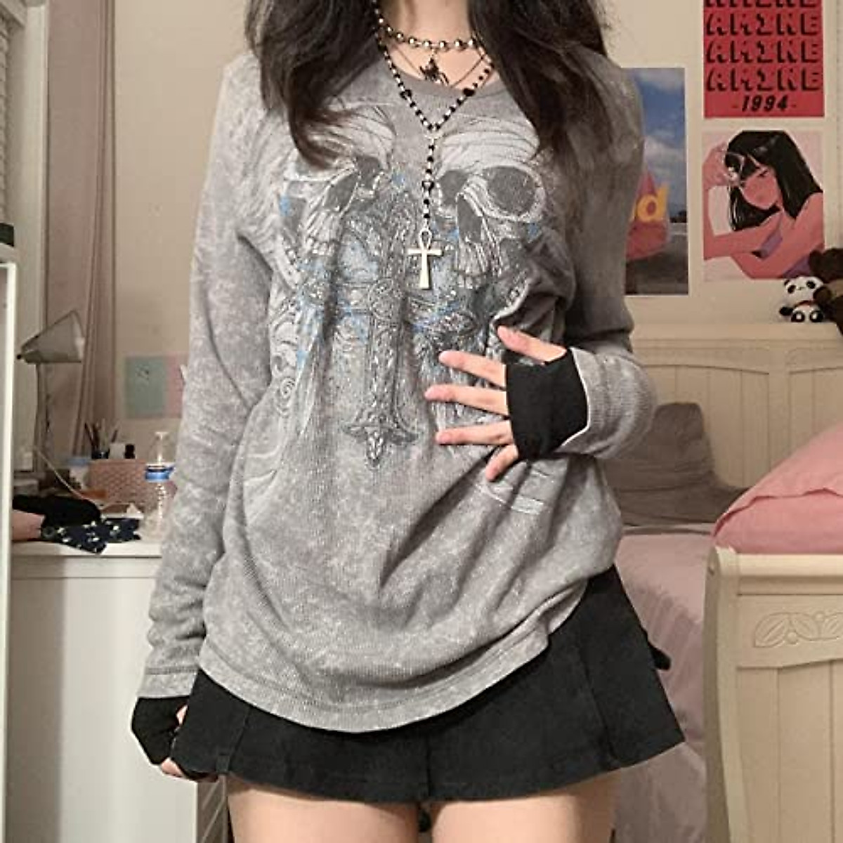 Tsultryofs Women Vintage Fairy Grunge Y2K Long Sleeve Shirt Slim Fit Skull Printed Gothic Hoodies Aesthetic Tunic Tops (Grey Skull 1, Medium)