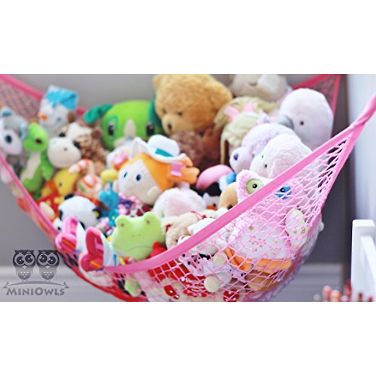 MiniOwls Toy Storage Hammock Plush Toy Organizer for Kids – Fits 20-30 Soft Teddies, Girl’s Bed or Playroom Decor (Pink, Large)