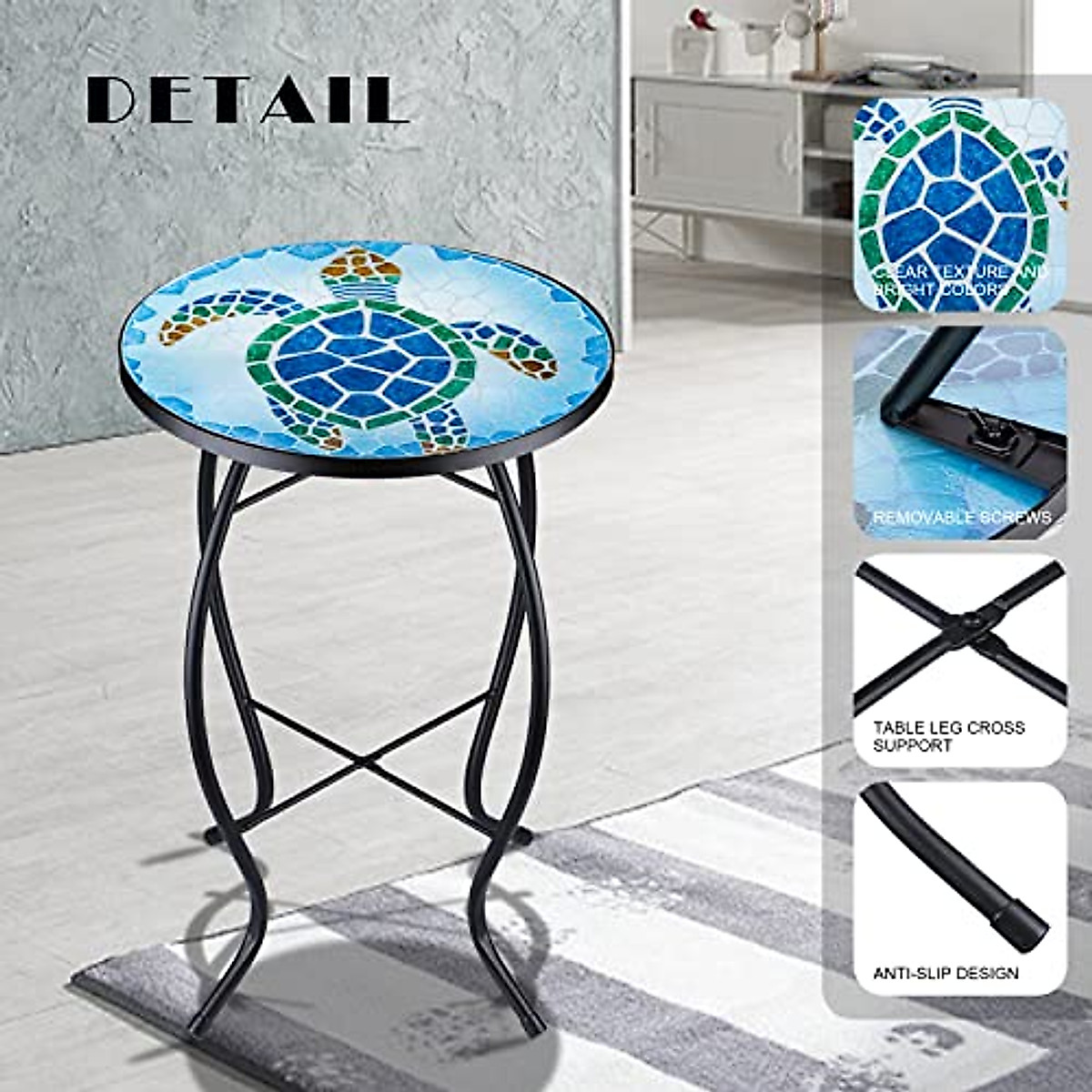 VCUTEKA Patio Side Table Outdoor Accent Table Bistro Coffee Table Plant End Table Small Porch Table Indoor Round Glass Balcony Plant Table Stands Sea Turtle