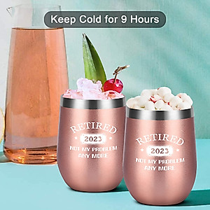 Gtmileo 2023 Retirement Gifts for Women, Retired 2023 Not My Problem Stainless Steel Insulated Wine Tumbler, Retirement Gifts for Office Friend Coworkers Teacher Sister Mom Grandma(12oz, Rose Gold)