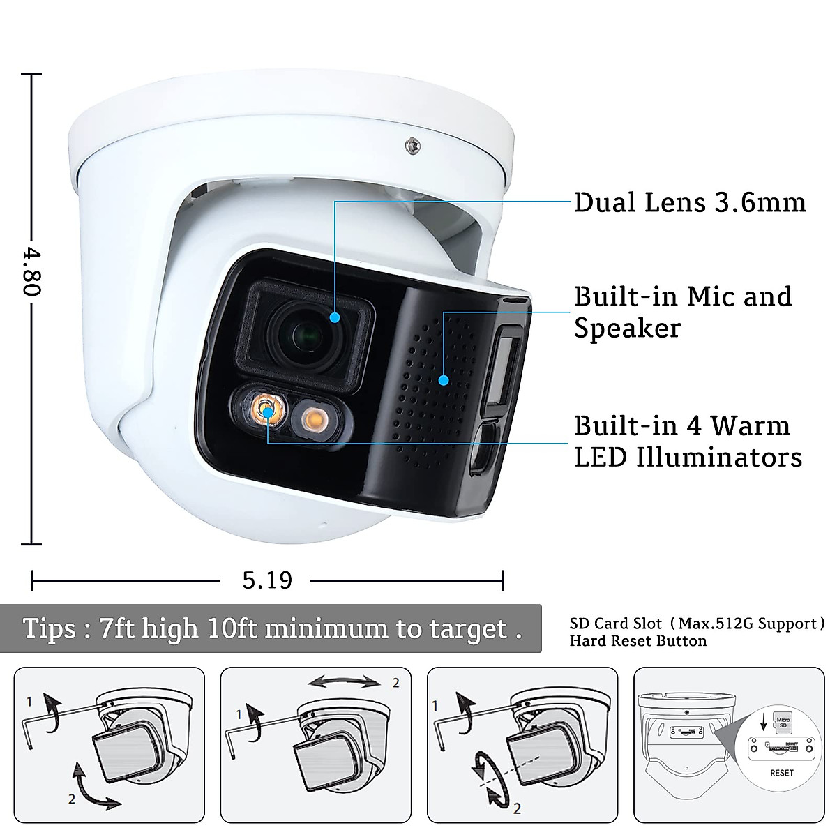 EmpireTech Security Camera Outdoor 4K Full-Color 2×4MP Dual-Lens 1/1.8" CMOS Smart Splicing IP POE Camera Outputs 180° Wide Angle, Two-Way Talk IPC-Color4K-T180 (White)