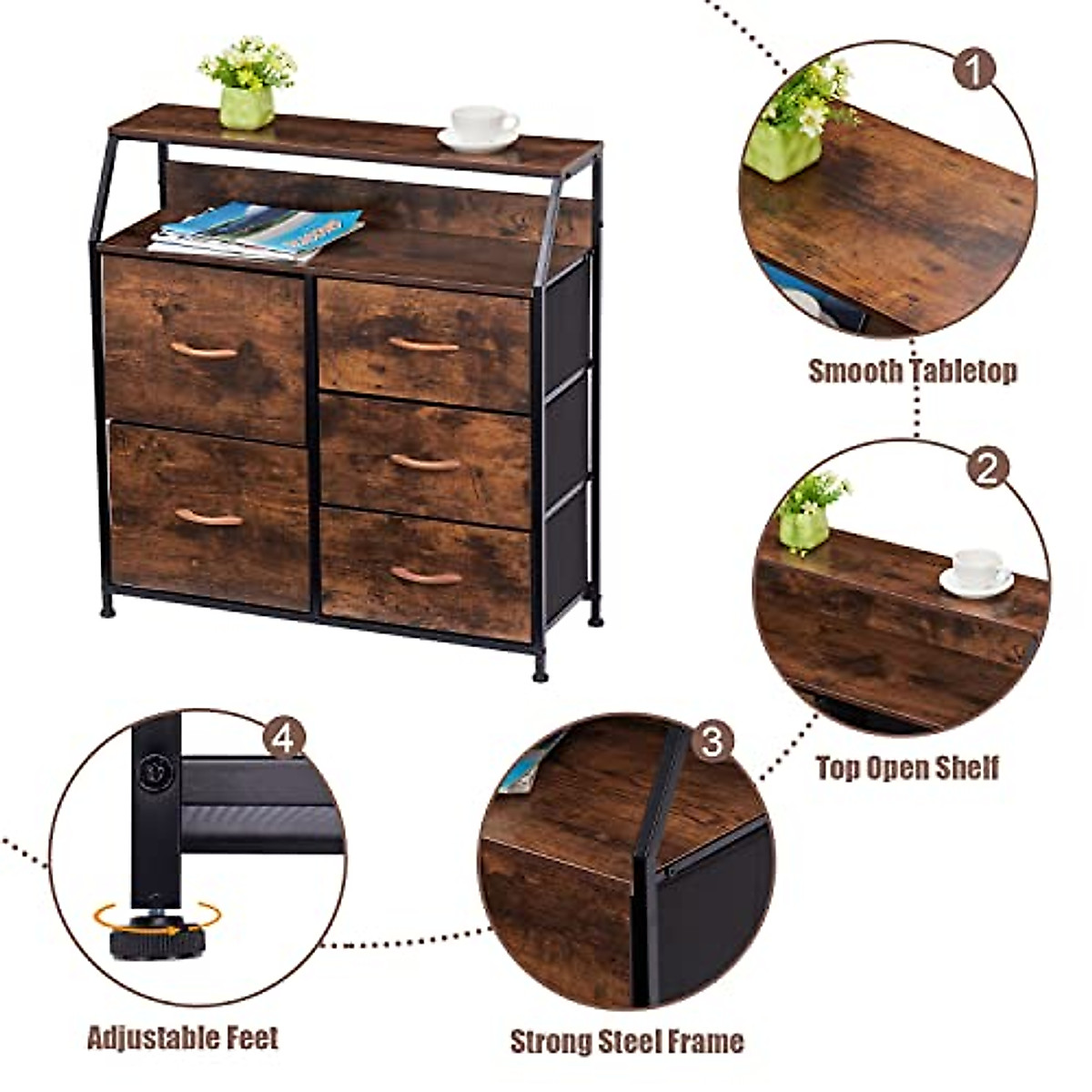 AIIT Kinlife Drawer Dresser Storage Tower, 5-Drawer Organizer Unit with MDF Board Tabletop, Organizer Tall Fabric Storage Tower for Bedroom Kitchen Living Room Study Entryway