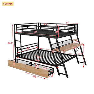 Flieks Bunk Bed, Full Over Full Metal Bunk Bed Frame with Built-in Desk, Light, 2 Drawers, Safety Guard Rails and Ladder, Heavy-Duty Steel Frame Bunk Bed for Kids Teens Adults (Black)