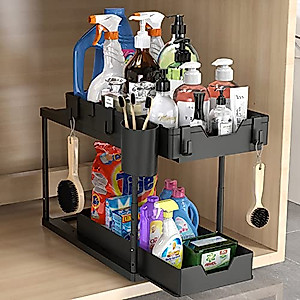Mastom Under Sink Organizer, 2 Tier Sliding Cabinet Organizer Drawer, Adjustable Height Pull Out Cabinet Organizer with Hooks, Hanging Cup, Dividers, Under Sink Storage for Kitchen Bathroom, Black