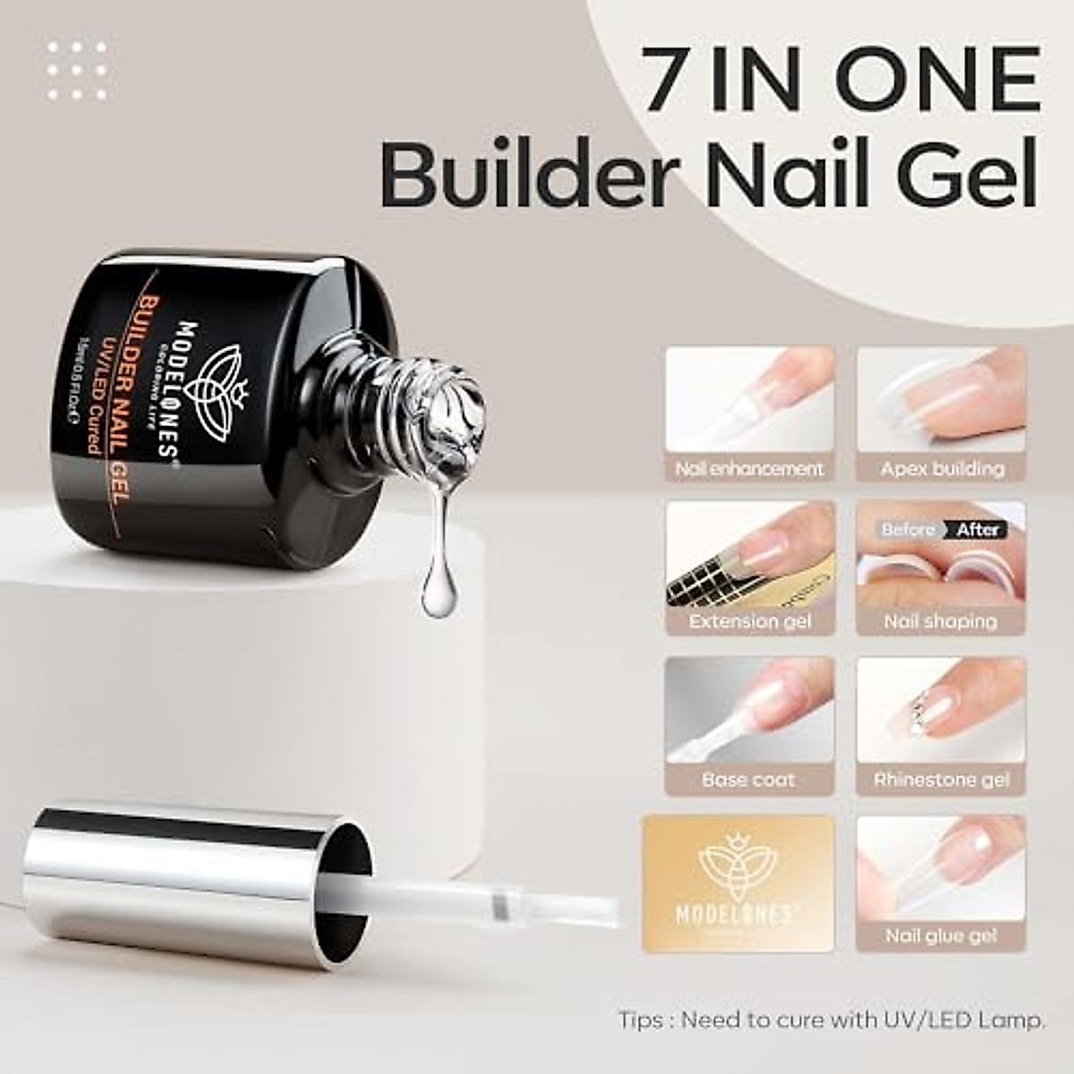 modelones Builder Nail Gel, 7-in-One Clear Gel Builder for Nail Thickening, LED Nail Lamp Cured Hard Gel Nail Strengthener Extension Gel Base Rhinestone Nail Glue Gel in a Bottle
