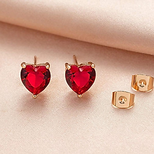 Heart Austrian Crystal Stud Earrings for Women Fashion 925 Sterling Silver Hypoallergenic Jewelry (Red)
