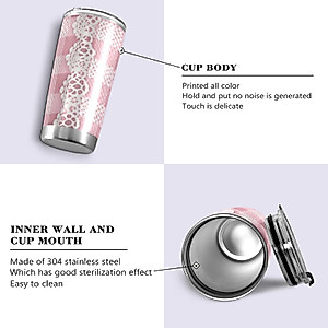 Amooorous Lovely Pink Lace Butterfly Plaid Stainless Steel insulated water bottle for home Leak-proof Lid and Straw coffee mug to go for camping vacuum insulated tumbler with lid vaso para
