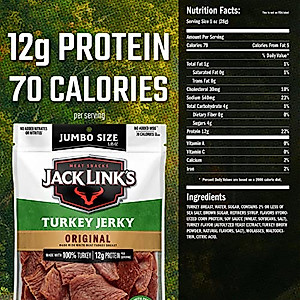 Jack Link's Turkey Jerky, Original, 5.85 oz. Sharing Size Bag – Flavorful Meat Snack with 12g of Protein, 80 Calories, Made with 100% Turkey - 96% Fat Free, No Added MSG or Nitrates/Nitrites