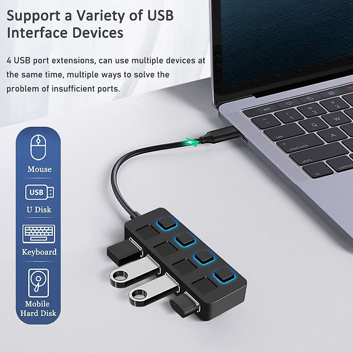 USB Hub 3.0, VIENON 4-Port USB 3.0 Data Hub with LED Power Switches, USB Extender USB Port Hub for MacBook & PC/Laptop