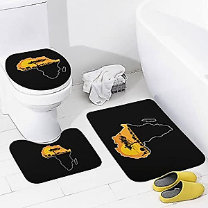 African Animals Over Map of Africa Bathroom Rugs Set 3 Piece Non-Slip Mat Rectangular Floor mat U Shaped Mat O Shaped Toilet Lid Cover 20"x32"