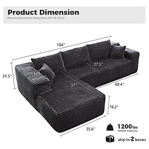 HOOOWOOO Sectional L Shaped Couch,104" Assembly Free Modern Minimalist Sofa,Extra Deep Large Sofa Couch Set,Corner Couch in A Box for Living Room(Left Chaise Gray Velvet Uphosted)