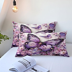 CCoutueChen Purple Butterfly Comforter Set Queen Size Chic Flower Butterfly Bedding Sets Botanical Plants Comforter Quilt Boho Animal Bed Set 3Pcs Soft Fluffy Comforter for Girls Women Adult Room