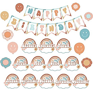 Groovy Happy Birthday Bulletin Board Set Decorations Retro Hippie Birthday Cutouts Boho Hippie Wall Decals Peace Sign Daisy Flower Boho Rainbow Paper-Cuts for Birthday Party Nursery Classroom Decor