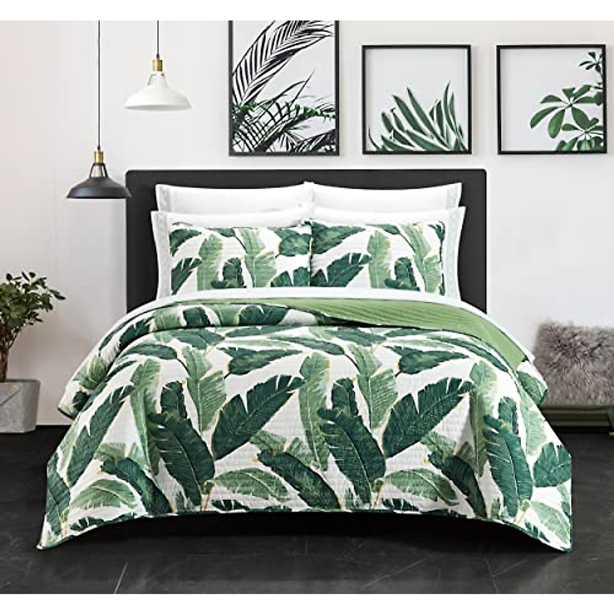 Chic Home Palm Springs 9 Piece Quilt Set Stitched Palm Tree Print Bed in A Bag - Sheet Set Decorative Pillow Shams Included, Queen, Green