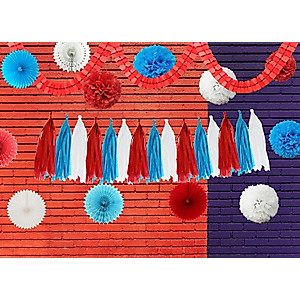 Dr Seuss Cat in The Hat 28PCS Red Blue White Carnival Birthday Bridal Baby Shower Wedding Bachelorette Decoration Kit - 12" 10" Tissue Pom Pom, 16" 12" 8" Paper Fan, Paper Tassel, Clover Garland