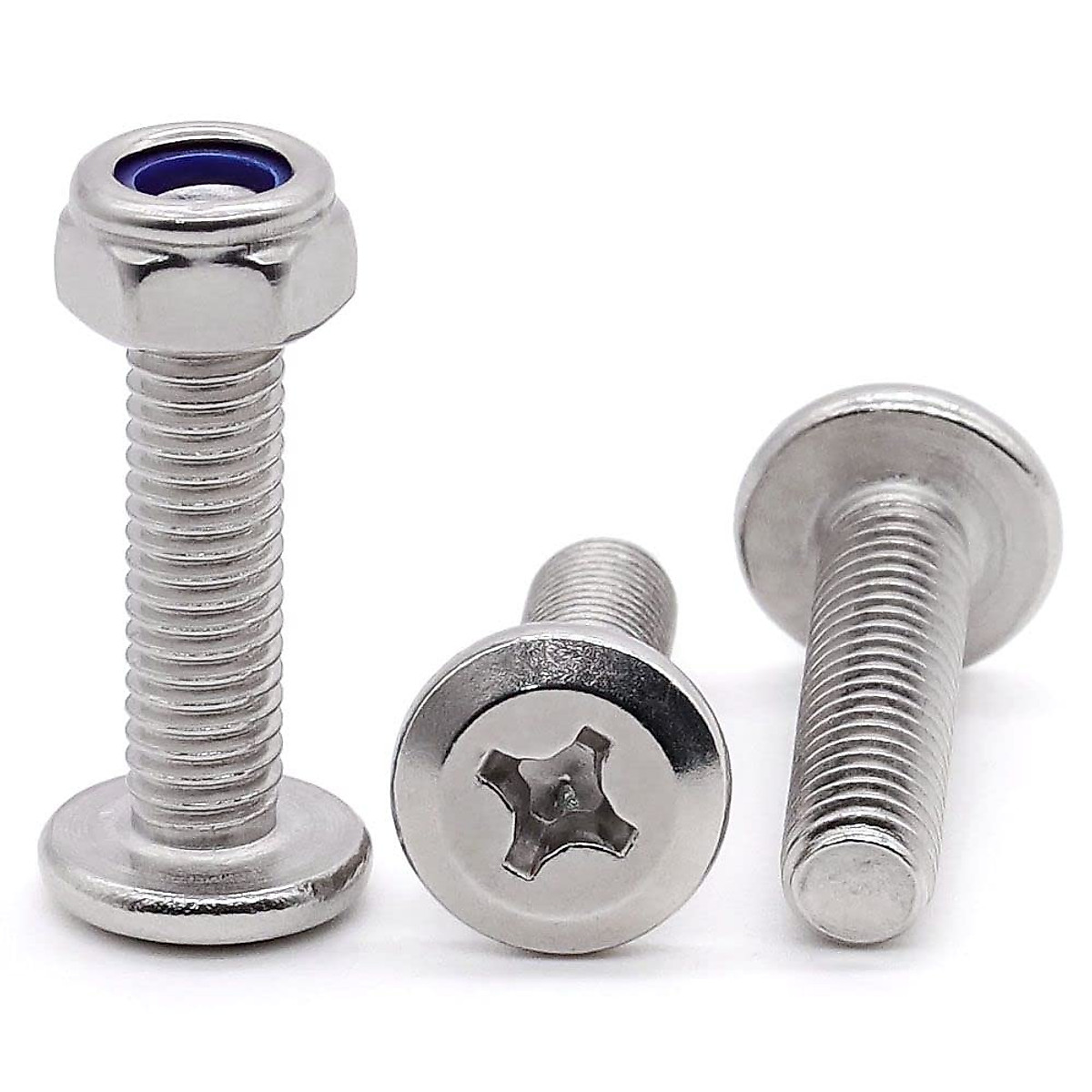 Glvaner (20 sets) M6-1.0 x 10mm Stainless Steel (304) Flat Round Head Machine Screws and M6-1.0 Hex Locknuts with Blue Nylon Insert Furniture Table Shelf Screw Hardware Assortment