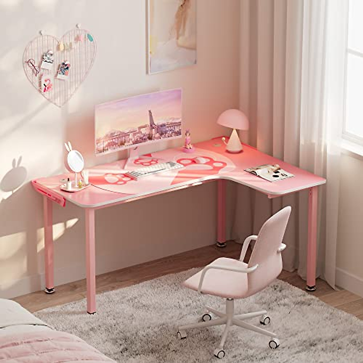 DESIGNA Pink Gaming Desk, 60 inch Pink L Shaped Gaming Desk, with Full Covered Cute Pink Desk mat for Girl Gaming Desk Pink, Easy to Assemble, Right Side