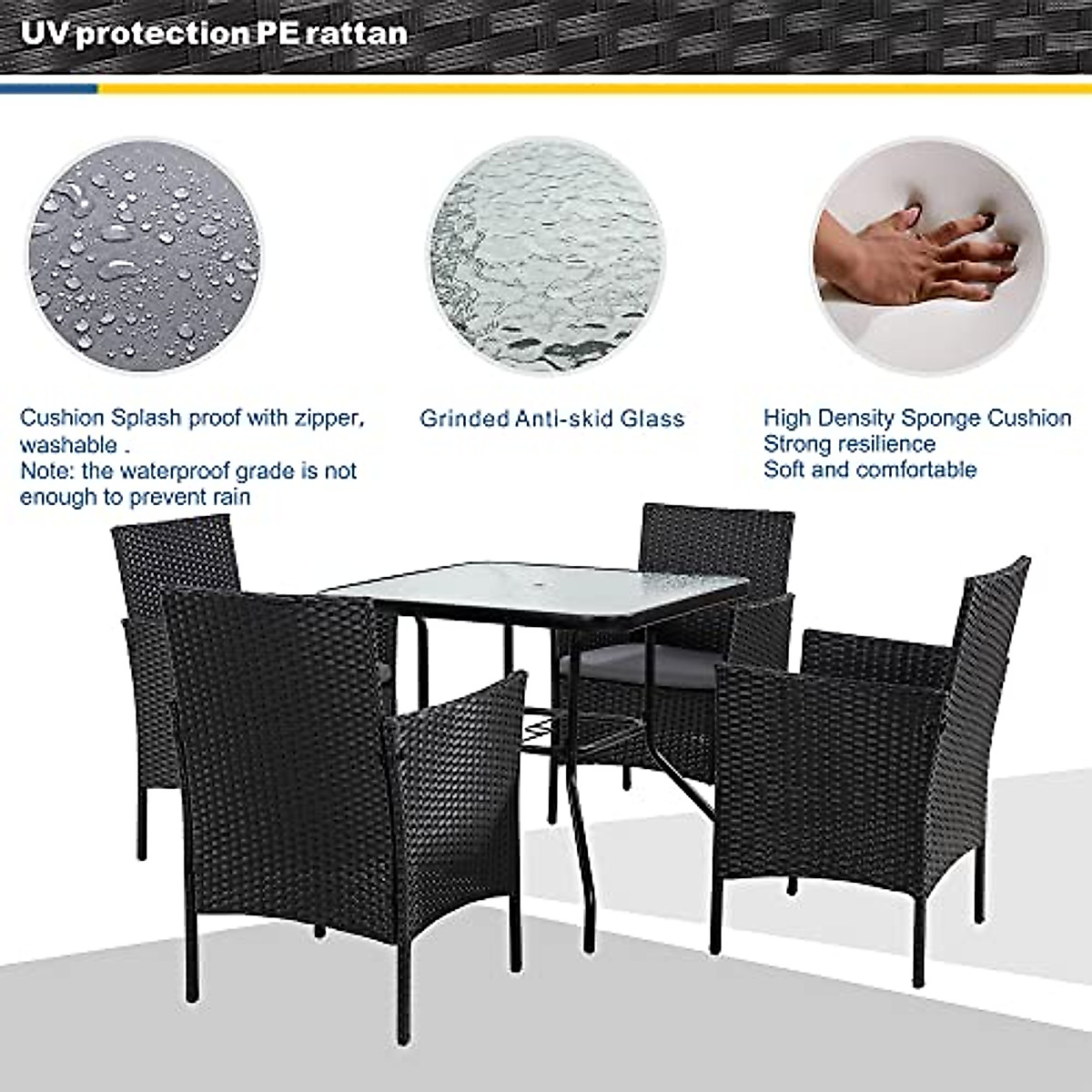 Shintenchi Outdoor Patio Furniture 5-Piece Indoor Outdoor Wicker Dining Set, Square Tempered Glass Top Table with Umbrella Hole and 4 Chair Set， Black