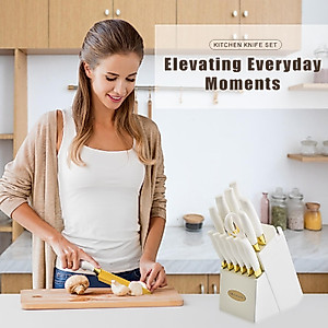 Knife Set, Non Stick Thick and Sharp Stainless Steel Kitchen Knives Set with Wood Block, 14 Pcs Cutlery Knives Block Set with Steak Knife, Bread Knife, Scissors, Chef Quality, White Handle Gold Blade