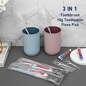 HQSLsund 50pcs Disposable Toothbrushes with Toothpaste Floss Individually Wrapped, 2 Color Disposable Toothbrush, 10g Toothpaste, Dental Floss Pick, Bulk Toothbrush Kit for Homeless,Airbnb,Hotel