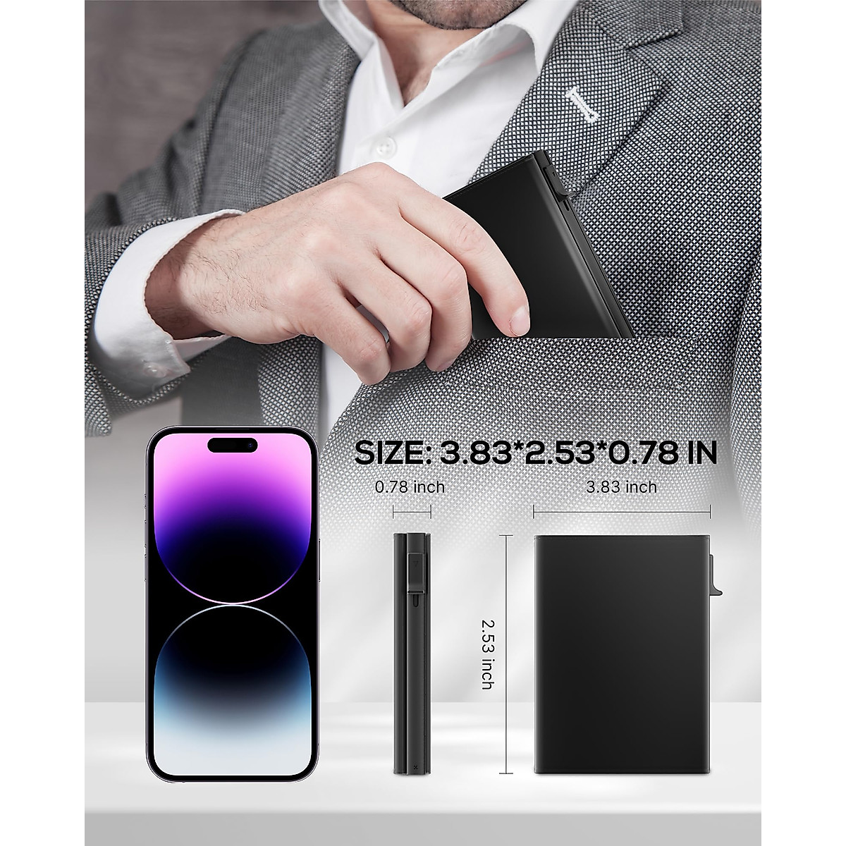 Mens Wallet Card Holder - Smart Wallet for Men, Pop Up Card Case, Top Grain Leather, RFID Blocking, Slim, Minimalist, Ultra Thin, Front Pocket, 9-14 Card Capacity | ID Window | Cash Slot (Black)