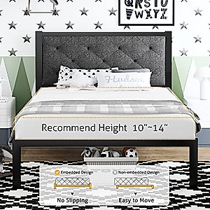 SHA CERLIN Twin Size Metal Platform Bed Frame with Fabric Upholstered Button Tufted Headboard, Mattress Foundation with 17 Strong Metal Slats Support, No Box Spring Needed, Easy Assembly, Dark Grey