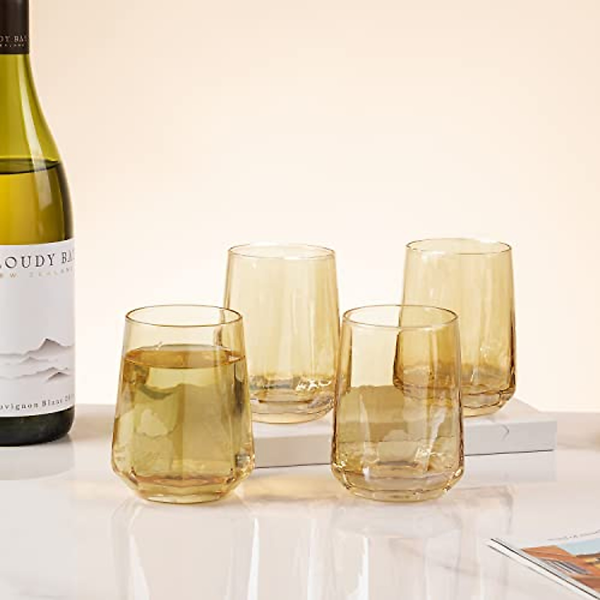 MyGift Vintage Style Amber Glassware Set of 4, Stemless Wine Glasses