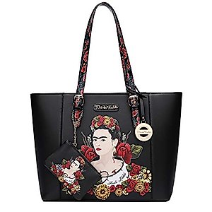 Frida Kahlo Flower Collection Licensed Large Tote Bag with Coin Purse (Black)