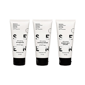 SEEN Travel Trio, Fragrance Free - Non-Comedogenic & Sulfate-Free Blow-Out Hair Cream, Shampoo & Conditioner Set- Reduces Frizz- Heat Protectant- Safe for Sensitive & Eczema Prone Skin