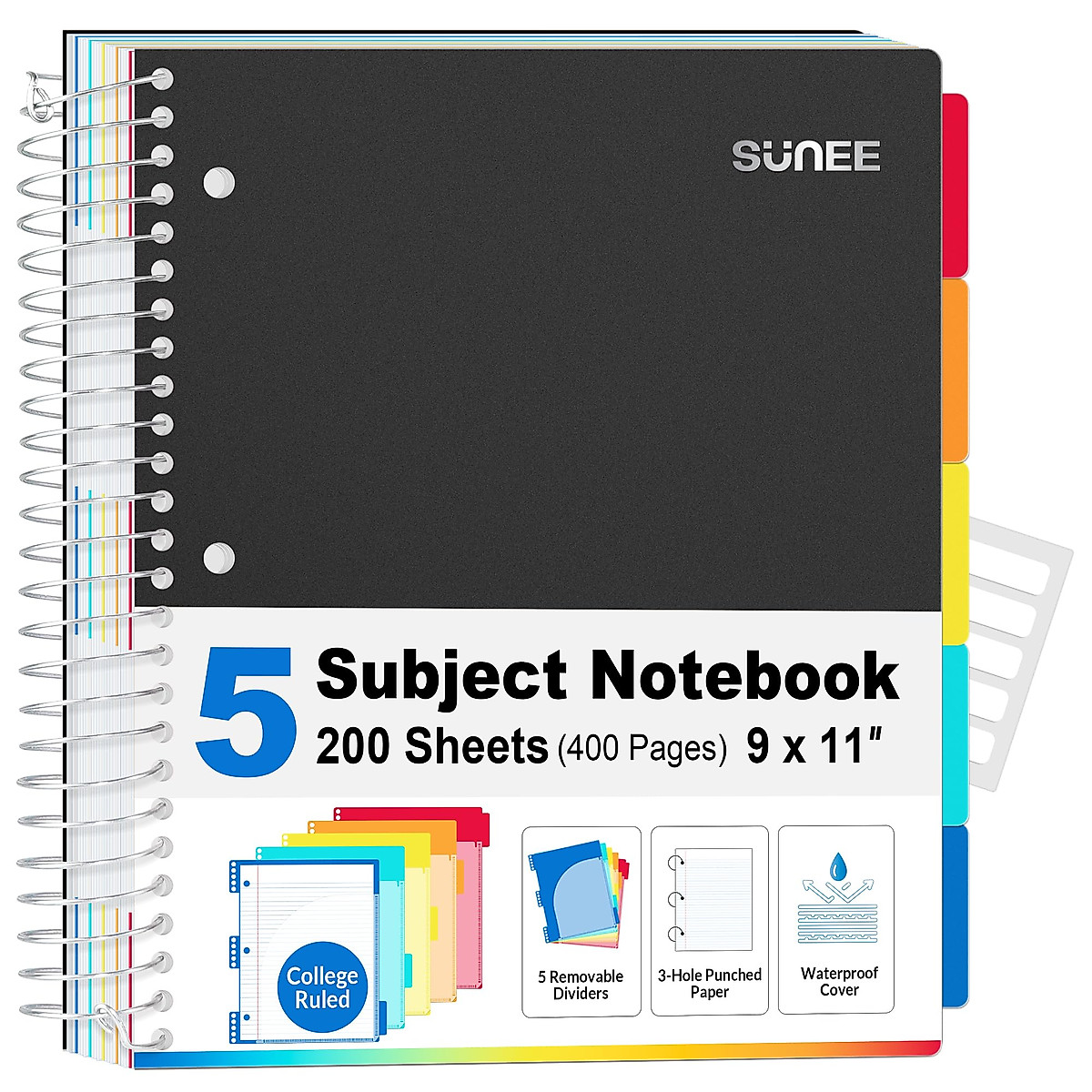 SUNEE 5 Subject Notebook College Ruled - 300 Pages, 8.2"x10.8", Spiral Lined Notebook with 5 Pocket Colored Dividers, 3-Hole Punched Paper, Black Notebooks for School Supplies, Home & Office, Writing Journal