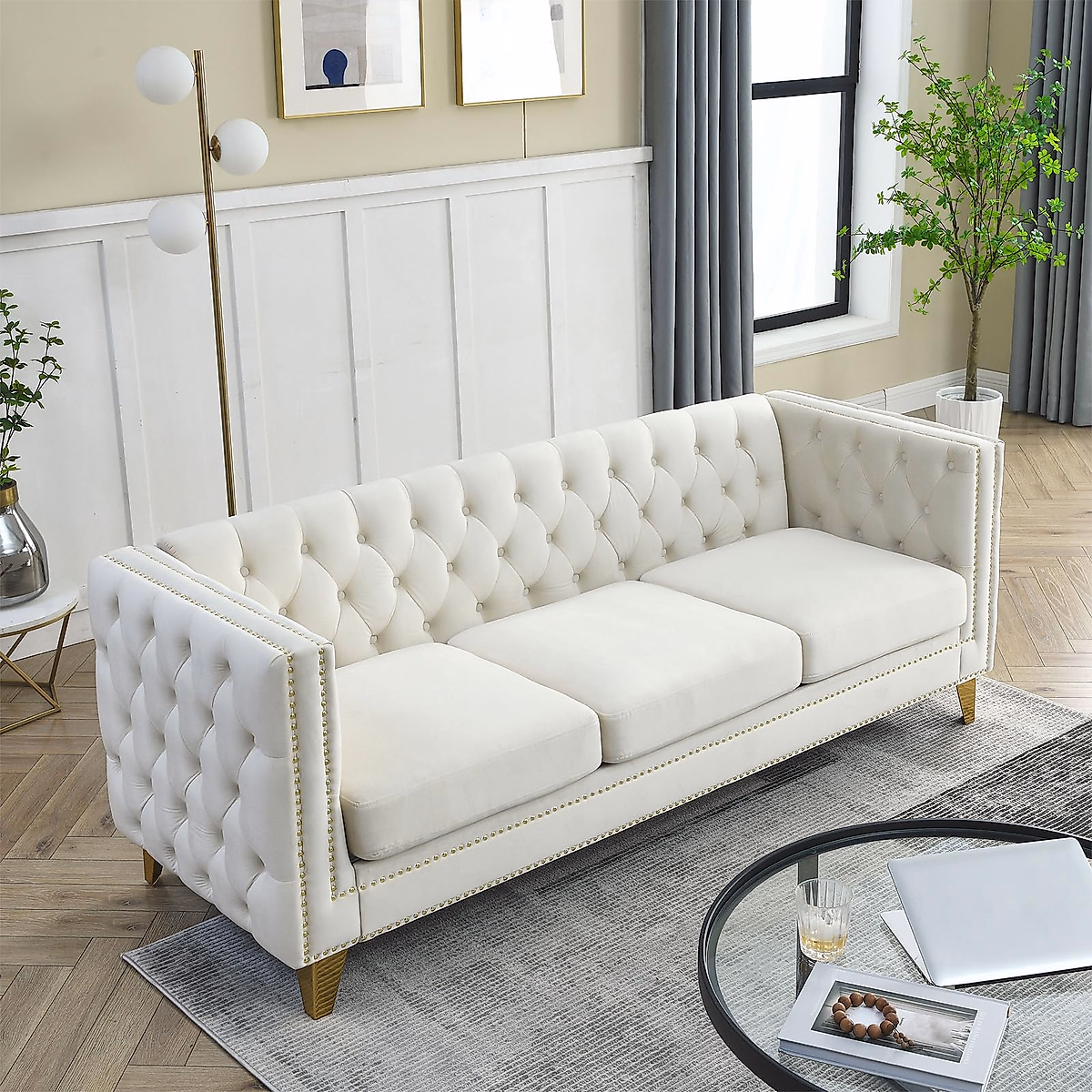 JEEOHEY Chesterfield Sofa,Oversized Velvet Sofa Couch,Deep Seat 3 Seater Sofa,Modern Sofa Chair with Button Nailhead,Upholstered Futon Couches,Furniture for Living Room,Bedroom,Office(Beige)