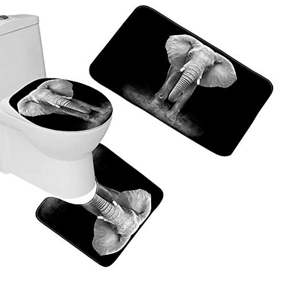 Amagical Elephant Art Black and White Photography 16 Piece Shower Curtain Set Bath Mat Set Non Slip Bathroom Mat Contour Rug Mat Toilet Cover Shower Curtain with 12 Hooks