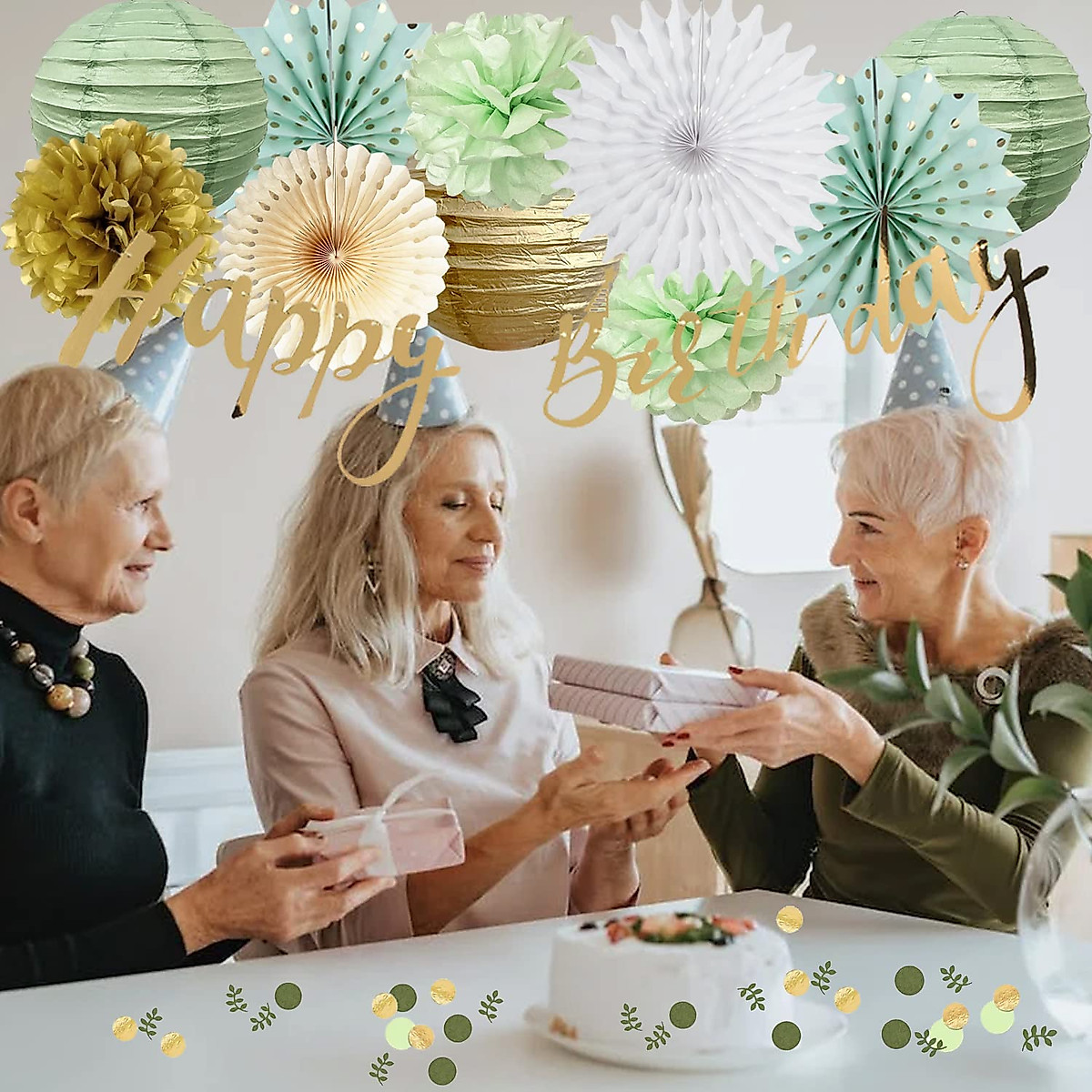 Sage Green Gold Birthday Party Decorations Paper Fans Paper Lanterns Sage Green Gold Scatter Table Decoration for Girls Women Birthday Sage Green Nature Baby Shower Party Decoration