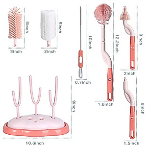 Baby Bottle Brush and Drying Rack, VOOWO Rotating Silicone Bottle Brush with Long Handle, Bottle Drying Rack with Bottle Cleaner Brush & Nipple & Straw Cleaner (Pink Rotating Brush & Drying Rack)