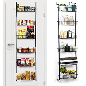 6-Tier Over the Door Pantry Organizer Rack, Hanging Storage Metal Rack with 6 Baskets, Door Organization Kitchen Spice Rack, for Kitchen Bathroom Bedroom(Black)