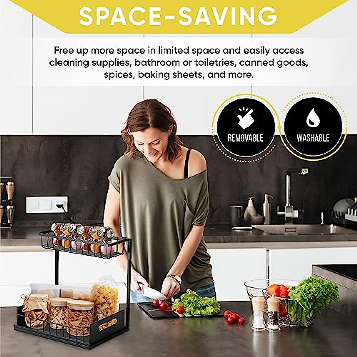 Under Sink Organizer,Metal Pull Out Kitchen Cabinet Organizer with Sliding Drawer,Sturdy Multi-Functional for Bathroom Organization,Black