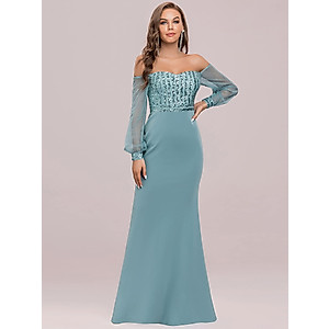 Ever-Pretty Women's See-Through Sequin Dress Mermaid Evening Dress with Sleeve Blue US20