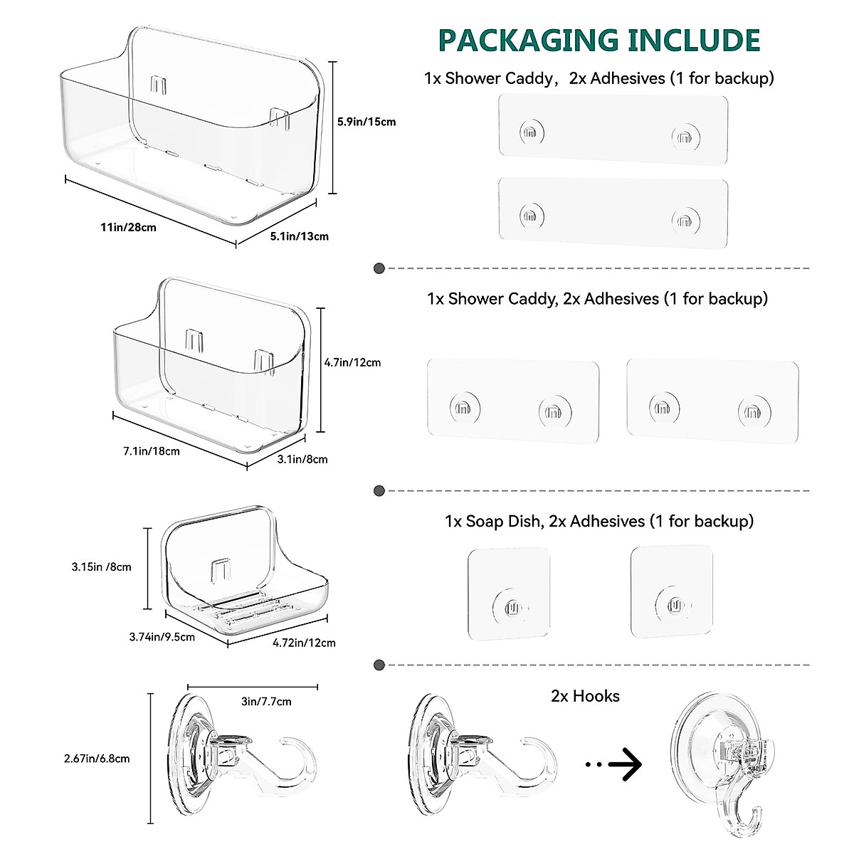 JNDETOP Shower Shelves, 5 Pack Adhesive Clear Acrylic Bathroom Shower Organizer Caddy, Transparent No Drilling Wall Mount Shower Storage with Soap Holder and Hooks